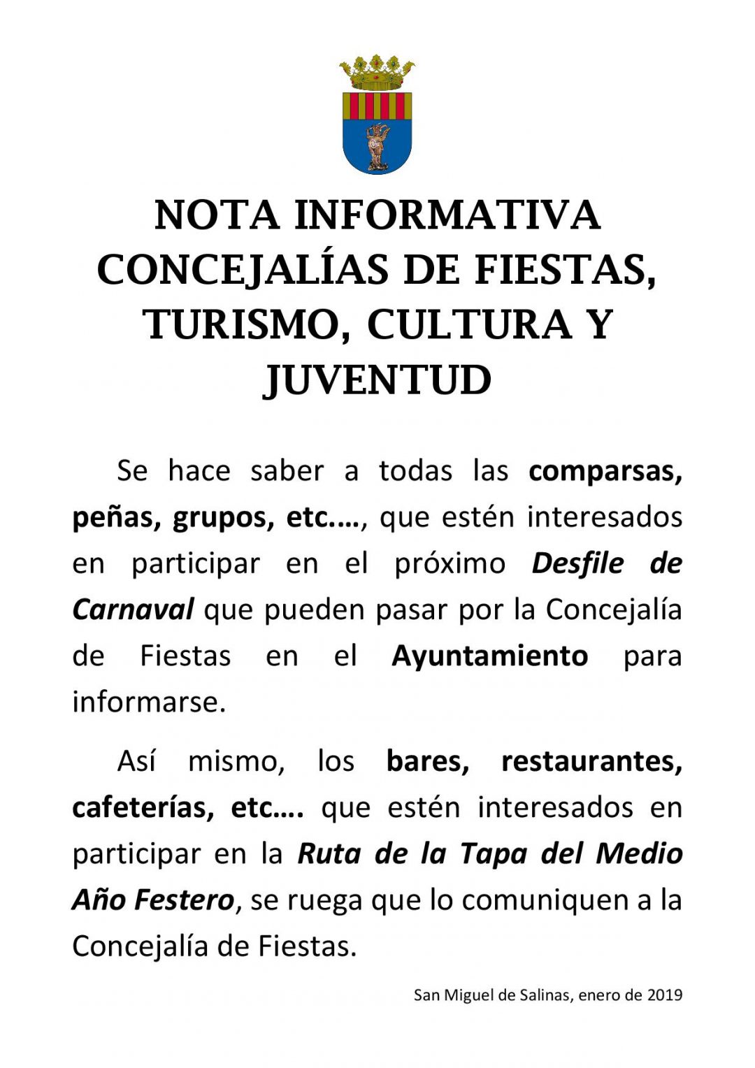 Nota Informativa de las Concejalías de Fiestas, Turismo, Cultura y ...