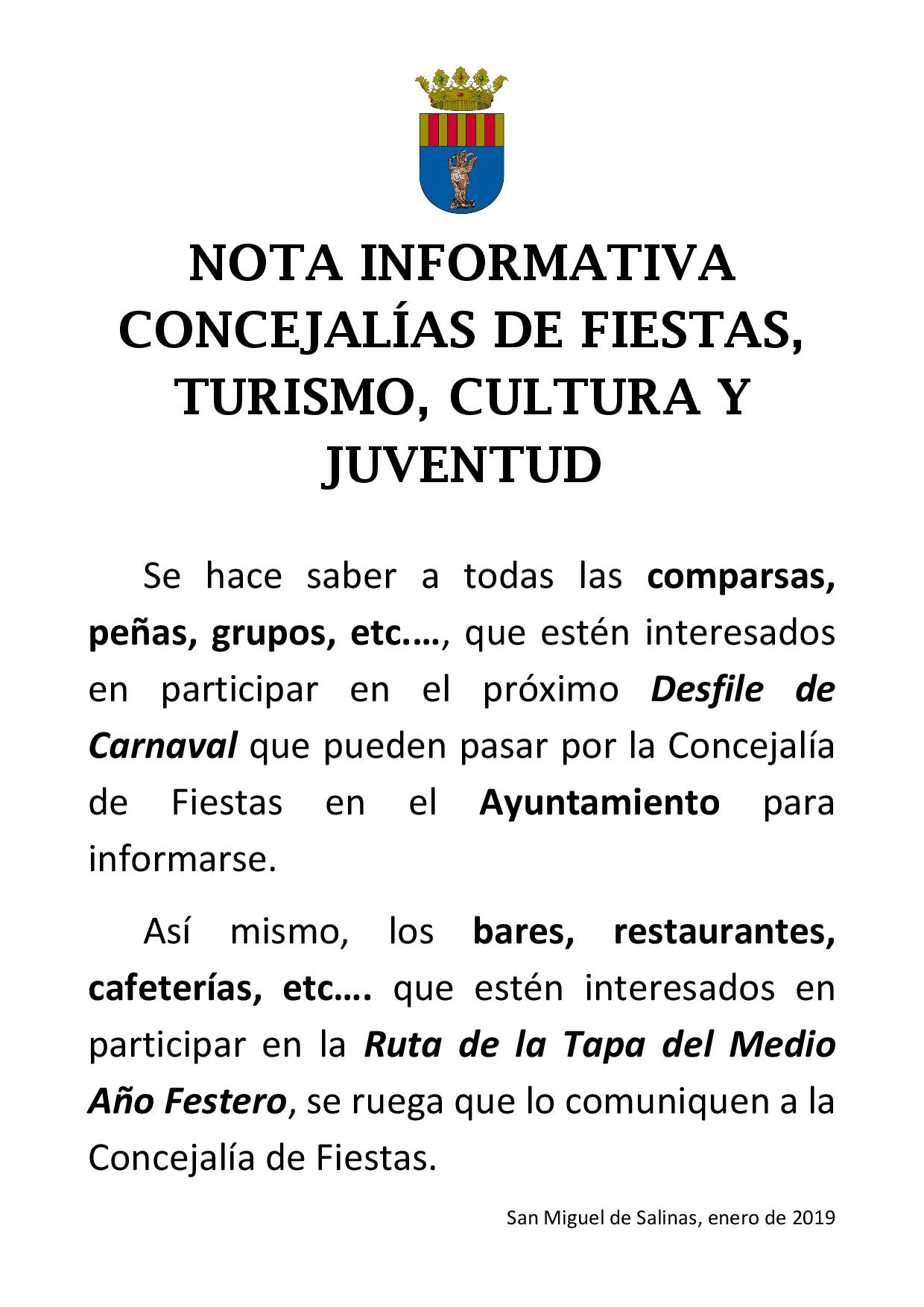 Nota Informativa de las Concejalías de Fiestas, Turismo, Cultura y ...